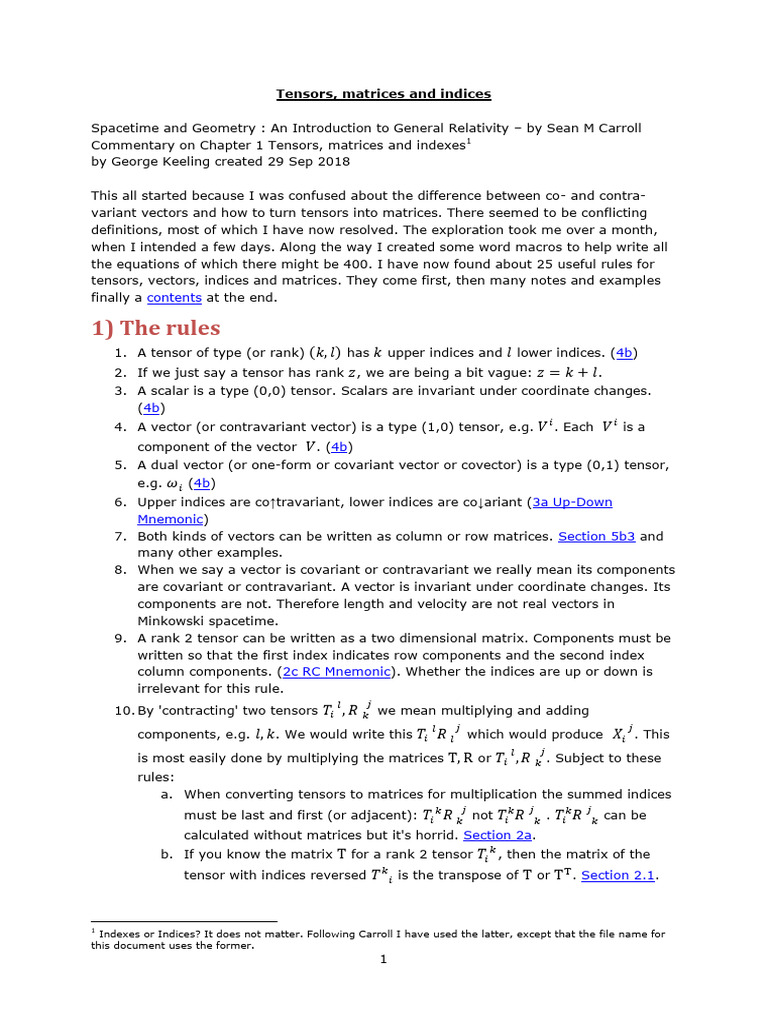 Commentary 1.1 Tensors Matrices and Indexes | PDF | Tensor | Euclidean ...