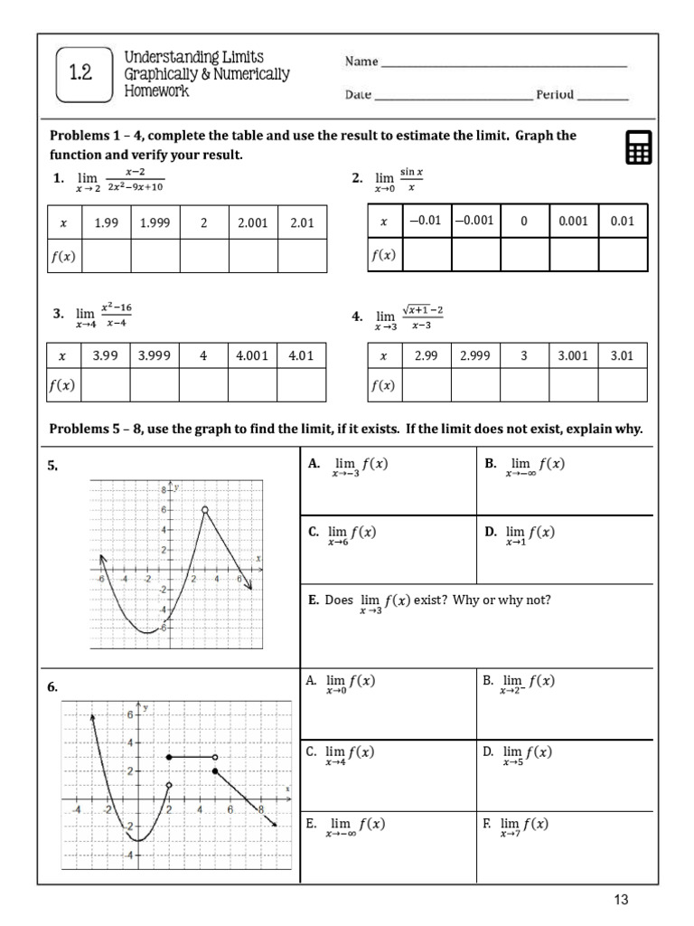 Limits: Graphical & Numerical Homework | PDF