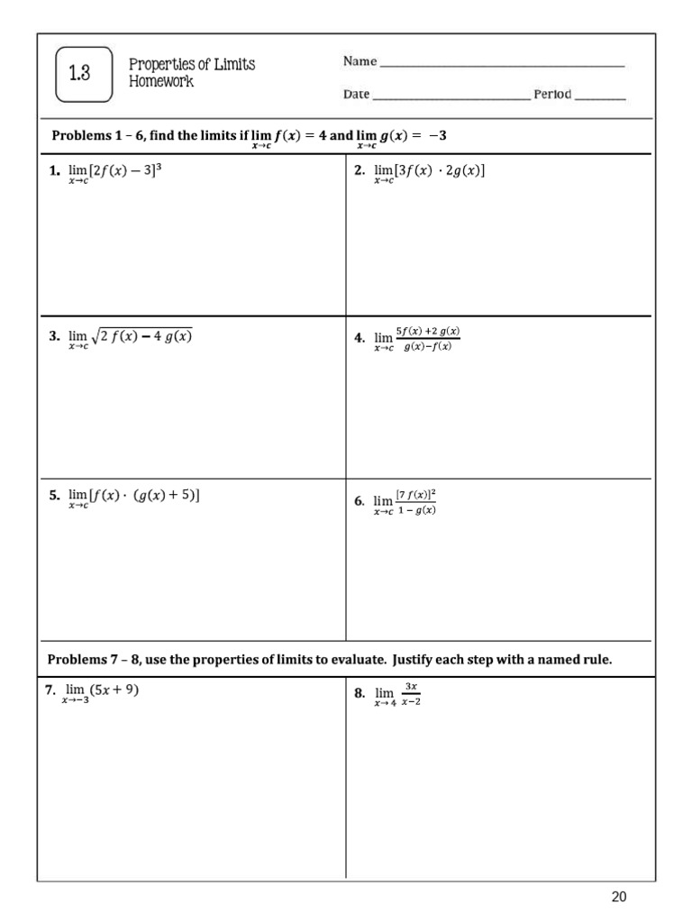 Properties of Limits Homework Guide | PDF