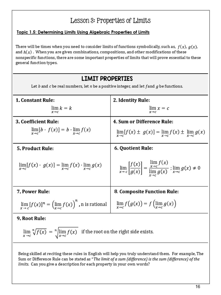 1.3 Properties of Limits (Notes) | PDF | Function (Mathematics ...
