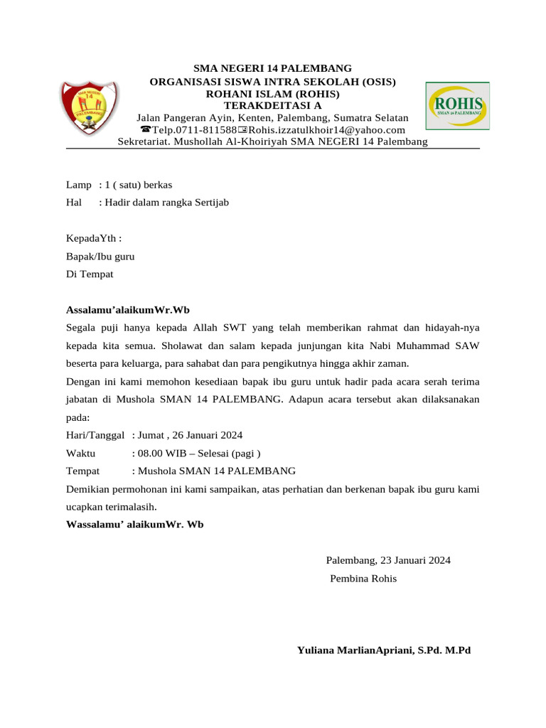 SURAT UNDANGAN GURU SERTIJAB ROHIS | PDF