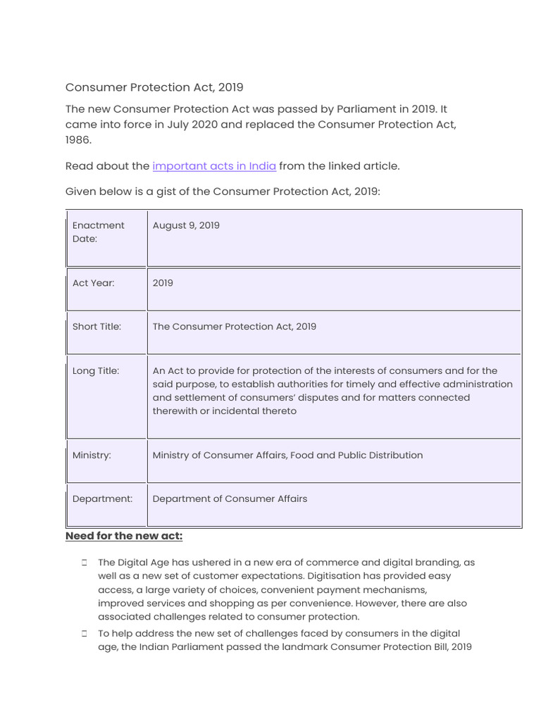 Overview Of Consumer Protection Act 2019 Pdf Consumer Protection