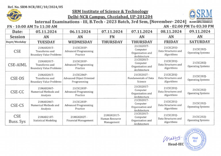 B.Tech CSE 3rd Sem, Schedule I.E-III, NOV-2024 | PDF