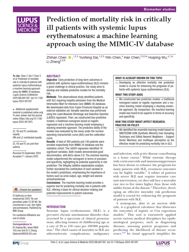 Machine Learning for SLE Mortality Risk | PDF | Receiver Operating ...