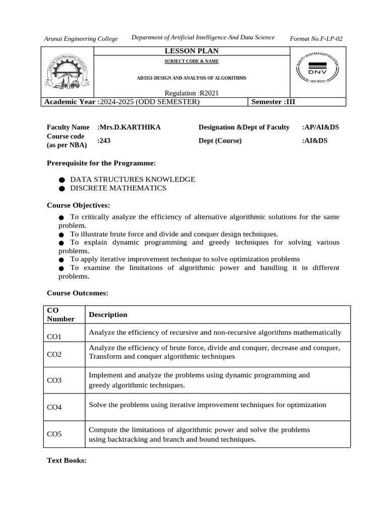 Ad3351-Daa-lesson Plan-final With Lab | PDF | Dynamic Programming | Artificial Intelligence