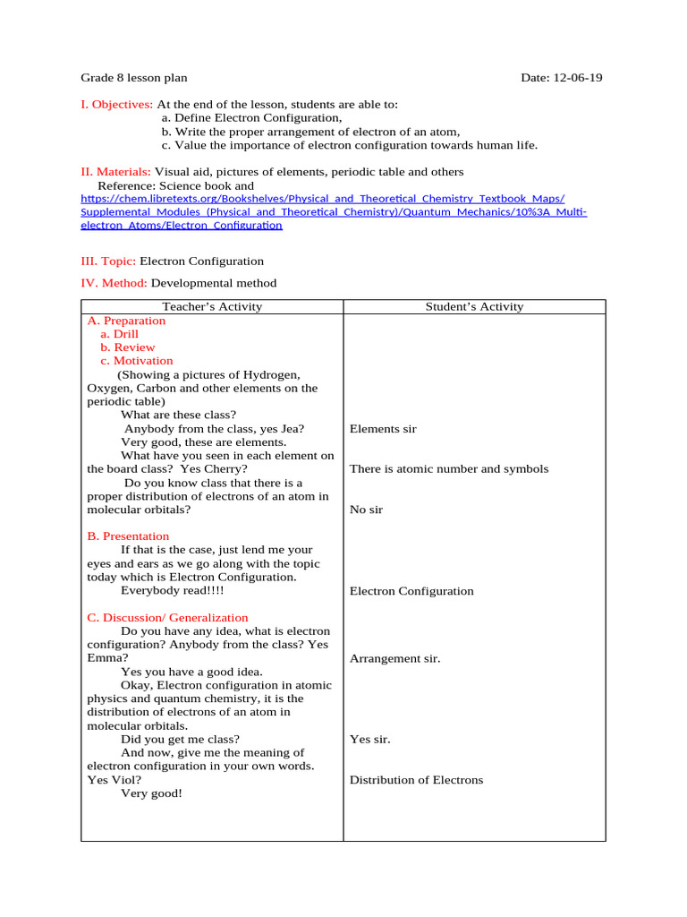 Grade 8 Lesson Plan Date | PDF | Electron Configuration | Periodic Table