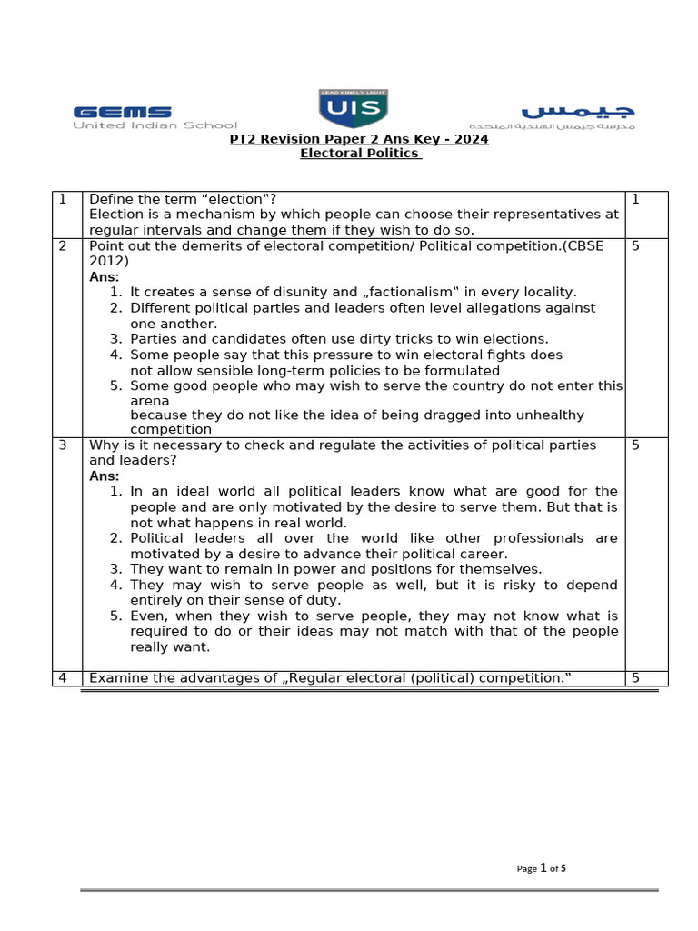 ELECTORAL POLITICS RWS 2 Ans Key | PDF | Electronic Voting | Evaluation Methods