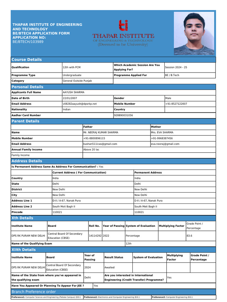 Registration Form BE BTECH 103989 | PDF | Engineering
