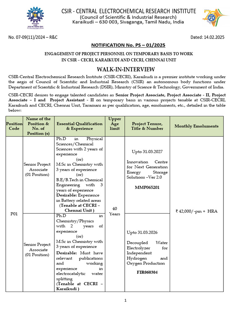 CSIR-CECRI Project Personnel Walk-In 2025 | PDF | Materials | Physical ...