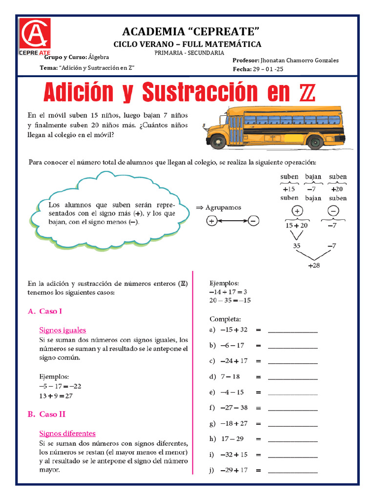Álgebra - Adicion y Sustraccion en Z | PDF
