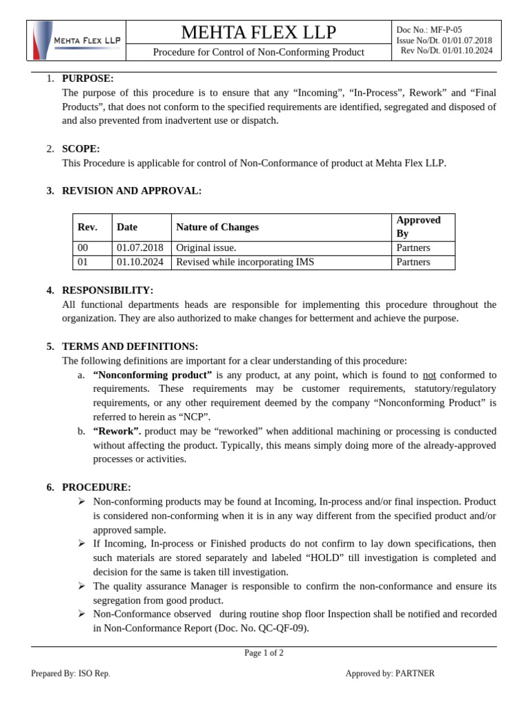 5-Procedure - Control of NC Product | PDF