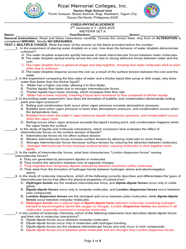 Physical Science Midterm Exam Set A | PDF | Intermolecular Force ...