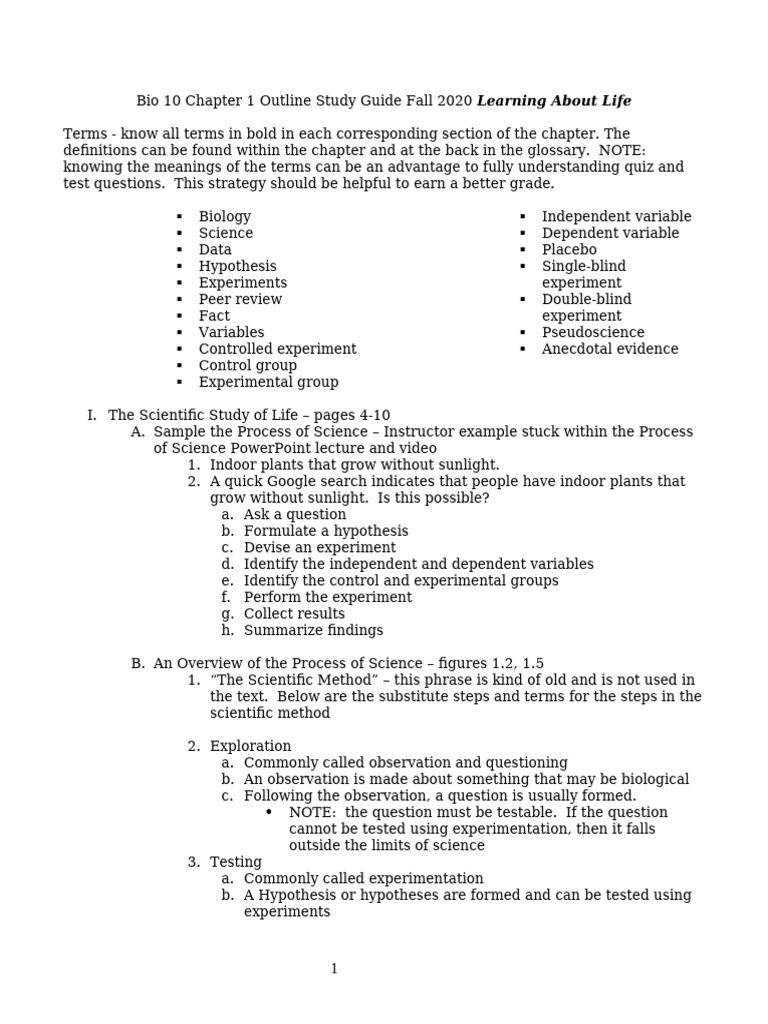 Bio 10 Chapter 1 Lecture Outline F2020 | PDF | Experiment | Hypothesis