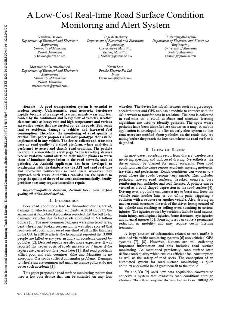 A Low Cost Real Time Road Surface Condition Monitoring And Alert System Pdf Accelerometer