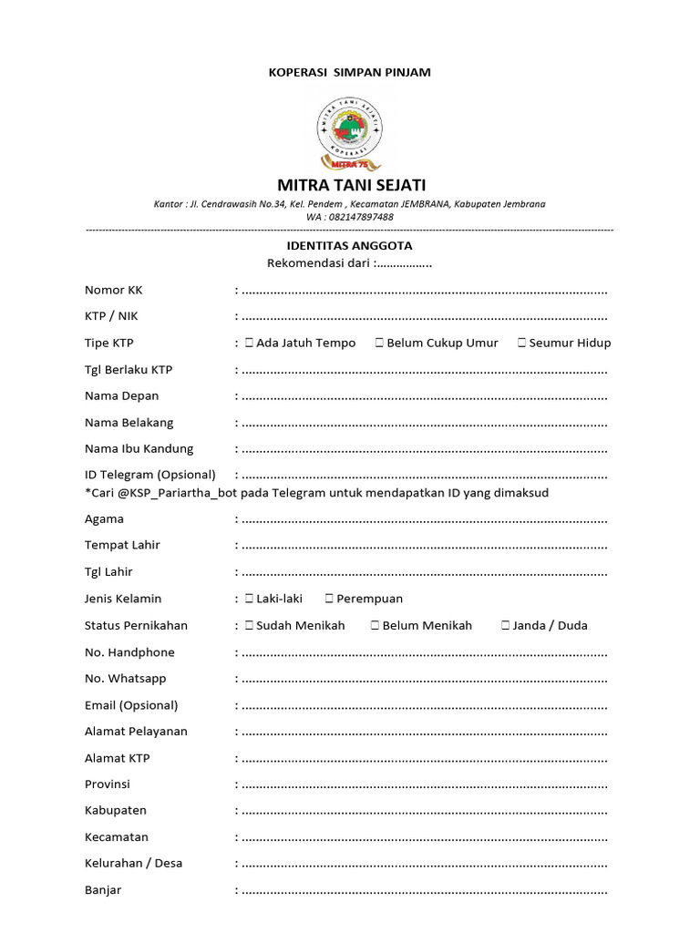 Formulir Anggota KSP Mitra Tani | PDF