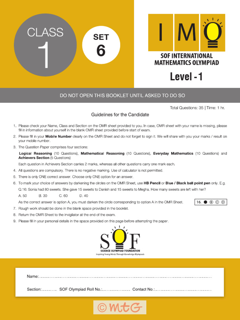 Imo Level1 Class 1 Set 6 | PDF