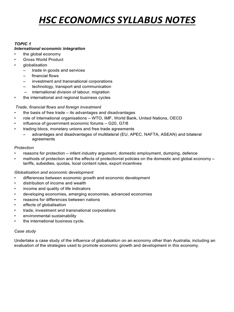HSC Economics Syllabus Notes: Topic 1 International Economic ...