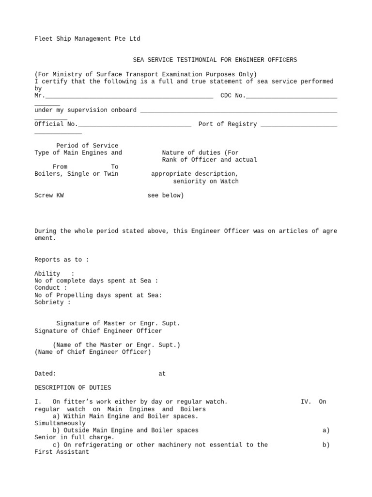 E 15 Sea Service Testimonial For Engineer Officers | PDF | Shipping | Ships