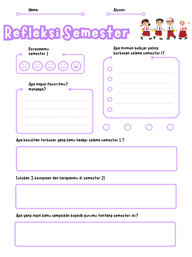 Refleksi Semester Siswa Lembar Kerja Ungu Ilustratif | PDF