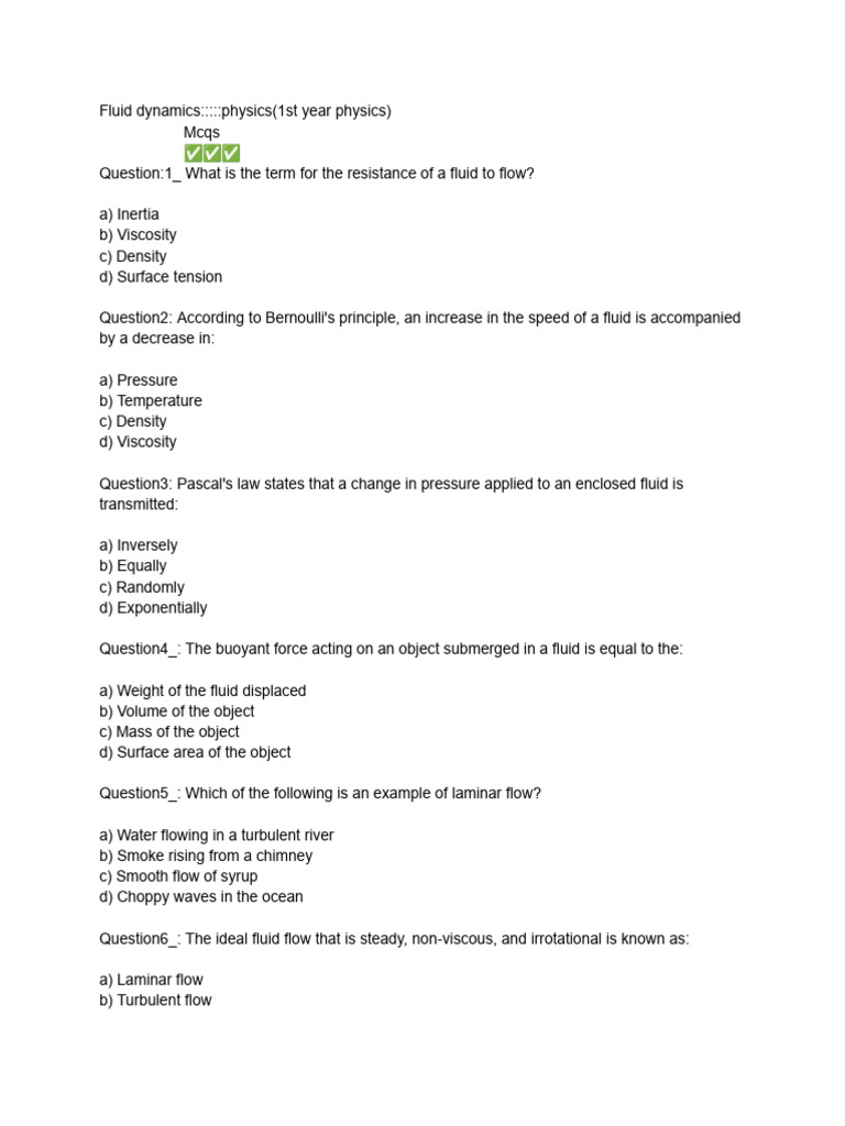 Fluid Dynamics MCQs for Physics Students | PDF | Fluid Dynamics | Fluid ...