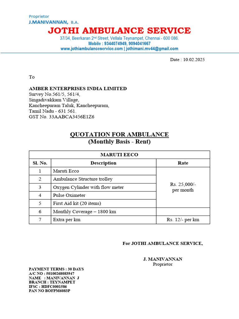 Jothi - Quotation (Maruti Ecco) 1 | PDF