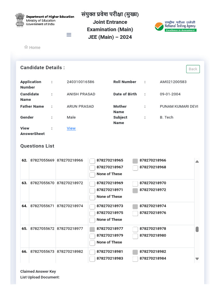 Jeemainsession2.ntaonline - in Frontend Web Answer-Key-Challenge Candidate-Challenge | PDF