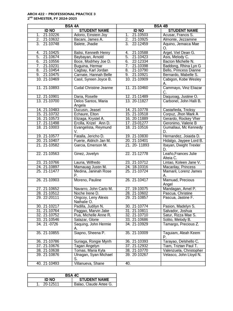 Bsa 4A Bsa 4B Id No Student Name Id No Student Name: Arch 422 ...