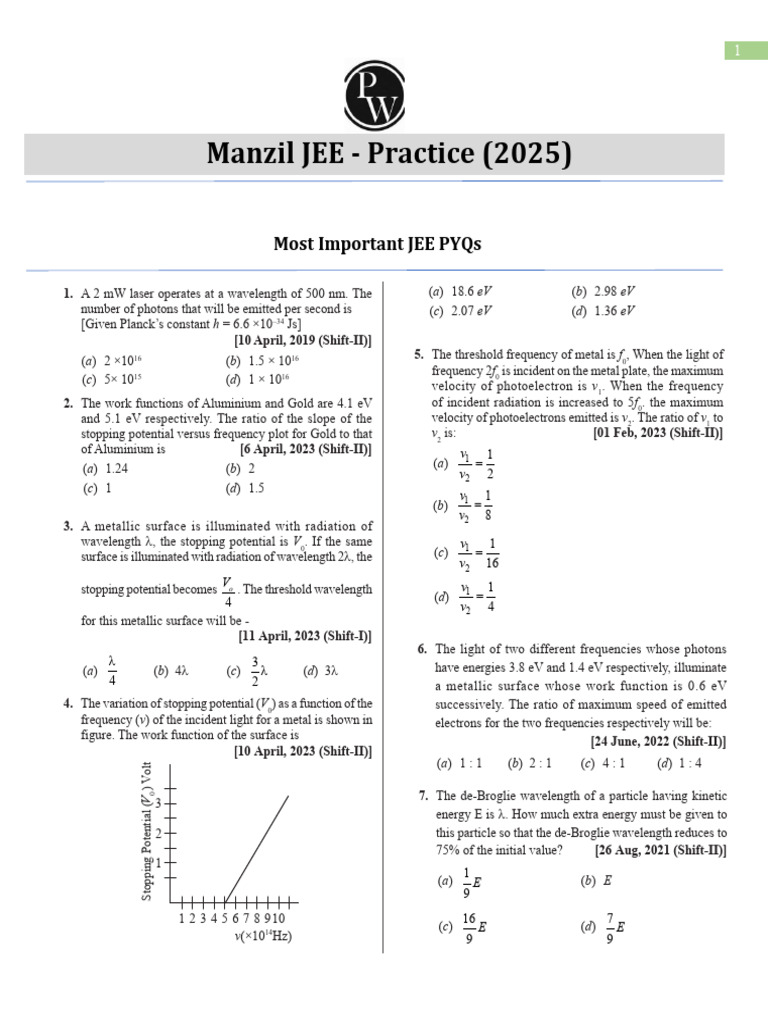 Modern Physics - PYQ Sheet (Questions) - Manzil JEE 2025 | PDF | Atomic Nucleus | Atoms
