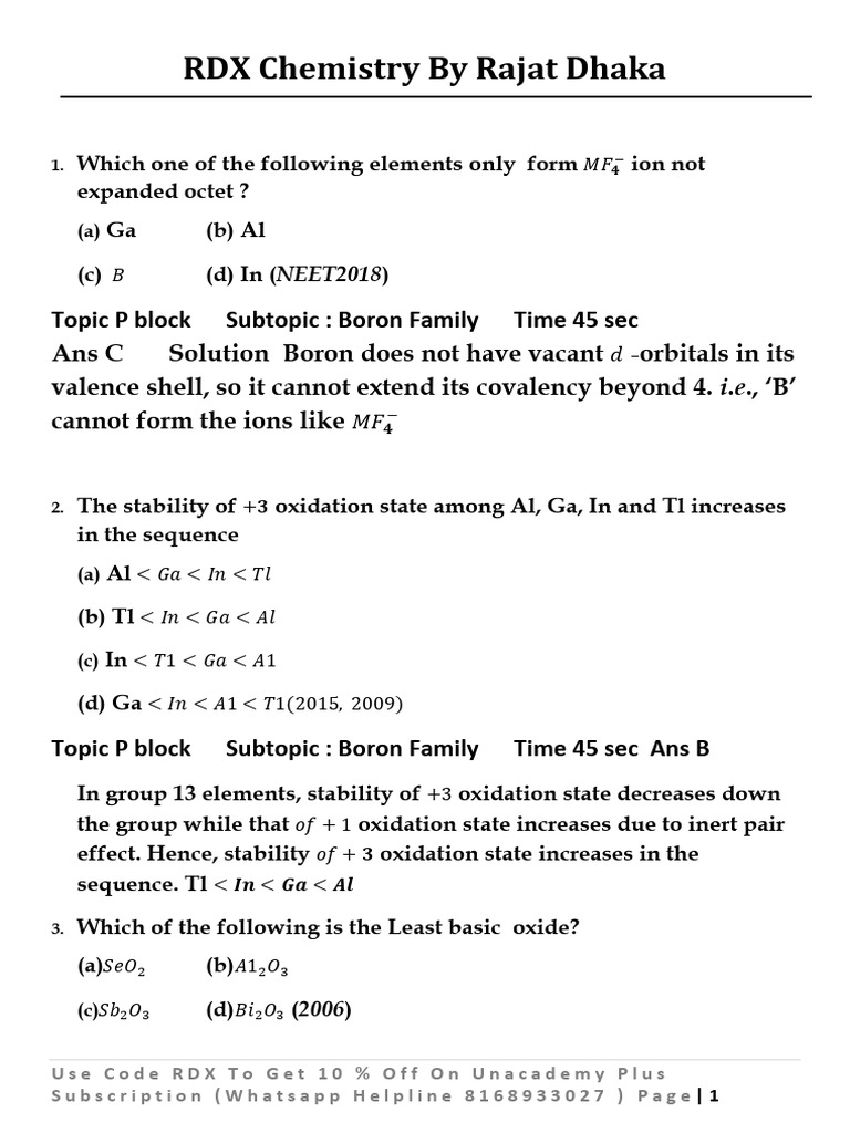 P Block January Pyq Modified | PDF | Condensed Matter Physics | Sets Of Chemical Elements