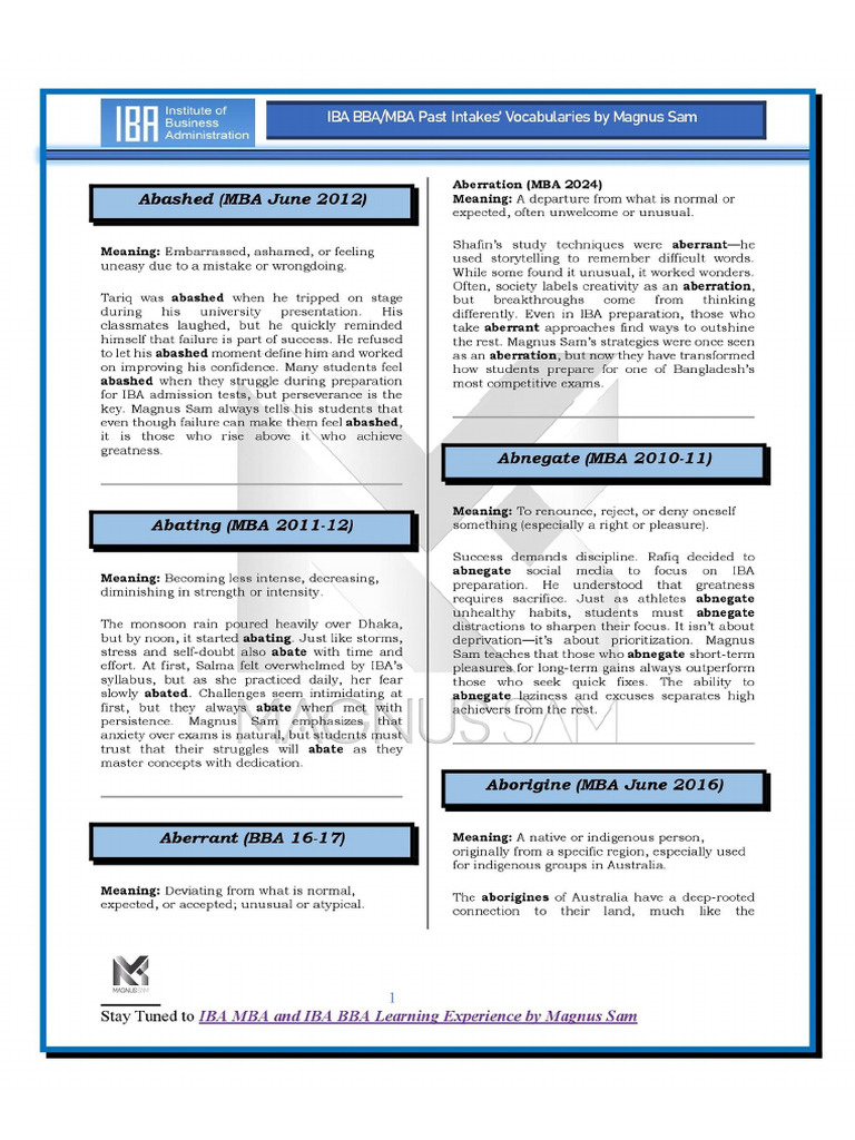 IBA BBA and MBA Vocabs With Easy Explanations | PDF