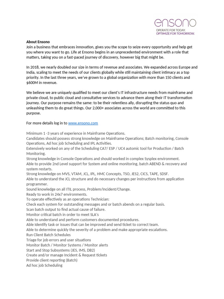 Job Description - Associate Data Center Operations Analyst - Mainframe ...