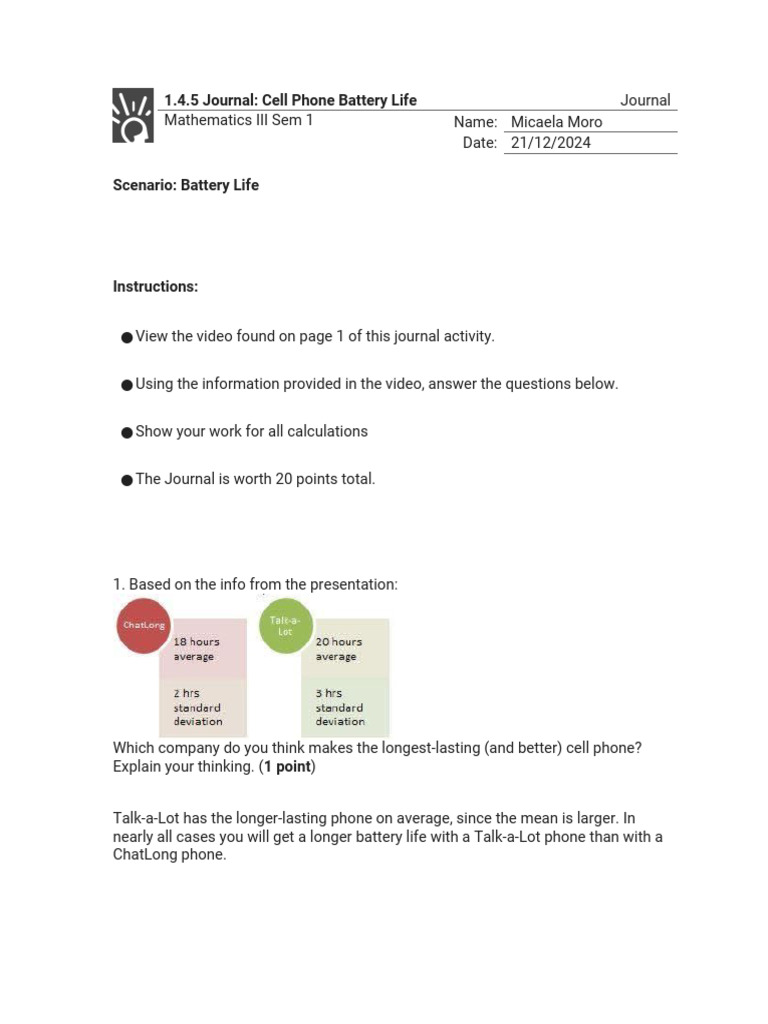 Cell Phone Battery Life Analysis | PDF | Standard Score | Descriptive ...