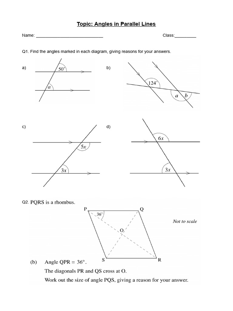 Angles in Parallel Lines Worksheet | PDF