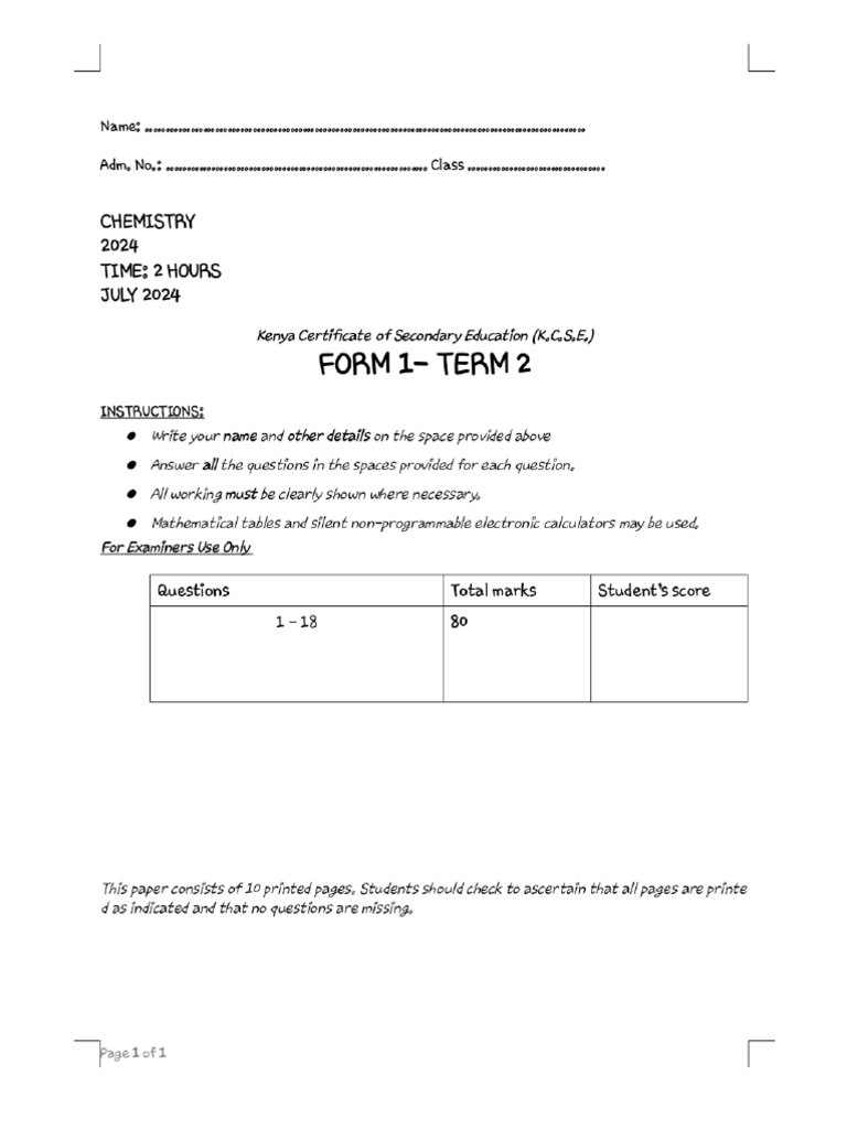 Form 1 Chemistry - | PDF