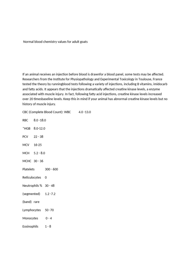 Normal Blood Chemistry Values for Goats | PDF