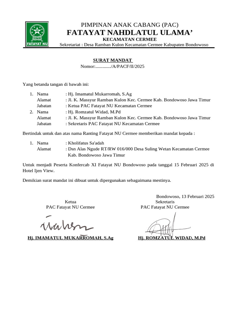 Surat Mandat Peserta Konfercab Fatayat NU | PDF