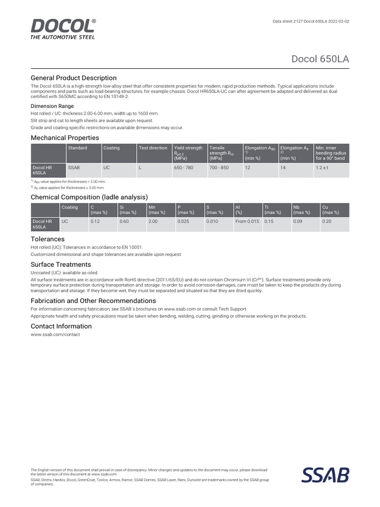 Data Sheet 2127 Docol 650LA 2022-02-02 | PDF | Rolling (Metalworking ...