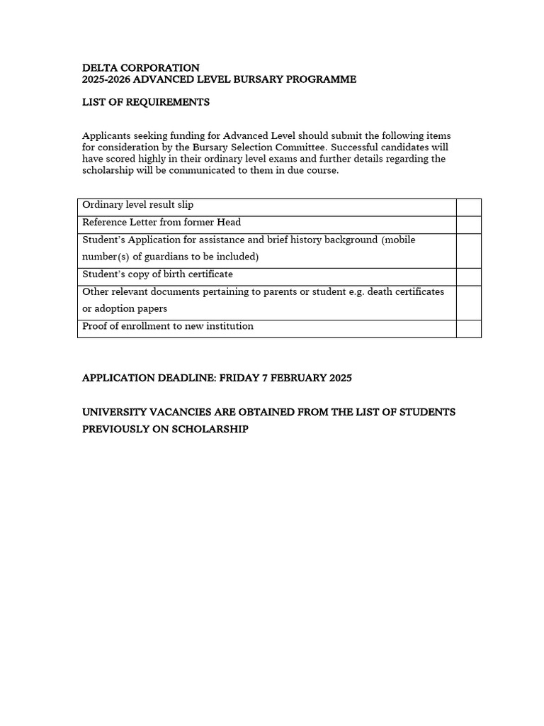 Delta Corporation Bursary 2025 Requirements | PDF