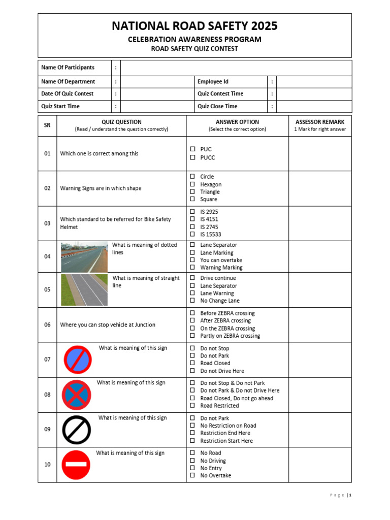Road Safety Quiz Contest 2025 | PDF | Traffic | Road Traffic Safety
