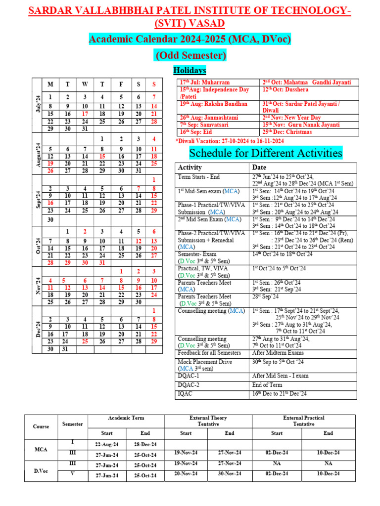 Academic Calendar ODD 2024 MCA Sem-1&3 DVoc 3&5 Updated | PDF | Academic Term