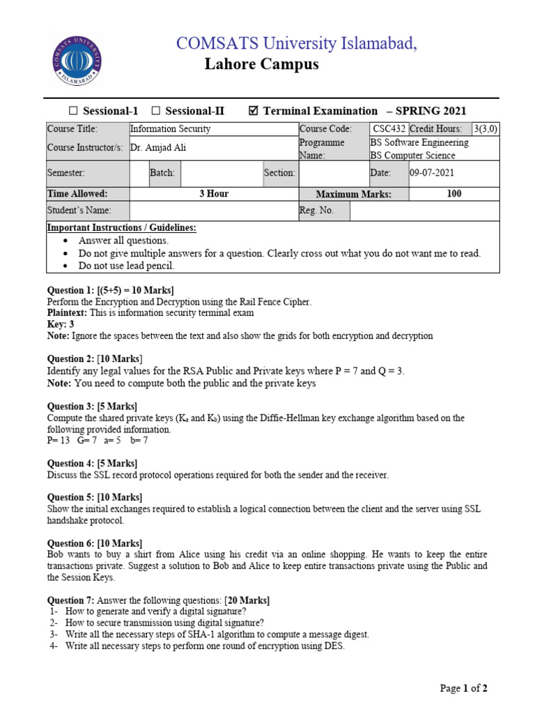 InfoSec Exam for CS Students | PDF | Key (Cryptography) | Encryption