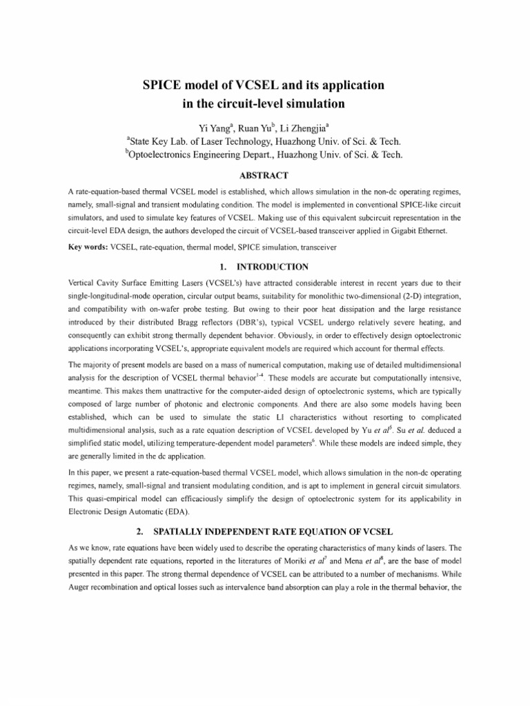 SPICE Model of VCSEL and Its Application in The Circuit Level Simulation | PDF | Laser | Spice