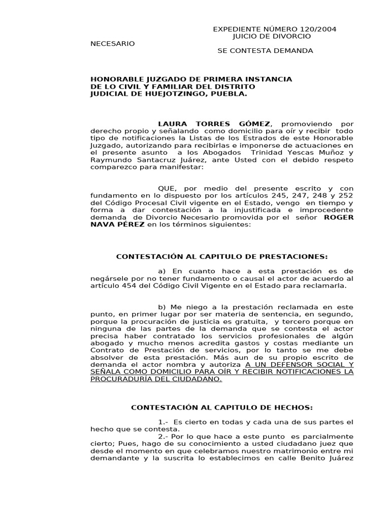 Contestación A Demanda De Divorcio Pdf Divorcio Demanda Judicial