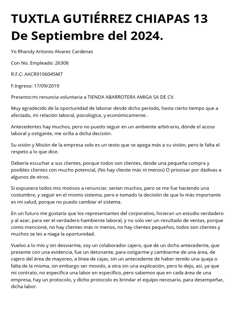 Renuncia Voluntaria de Rhandy Alvarez | PDF | Gestión de recursos ...