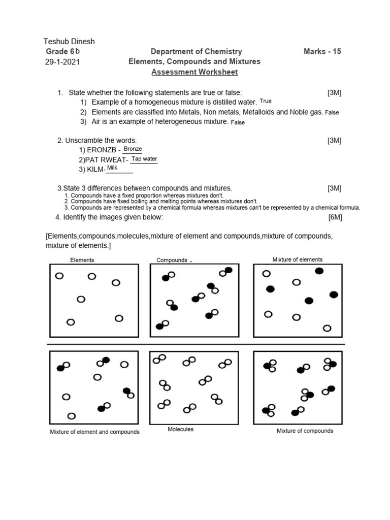 Elements, Compounds, and Mixtures Quiz | PDF