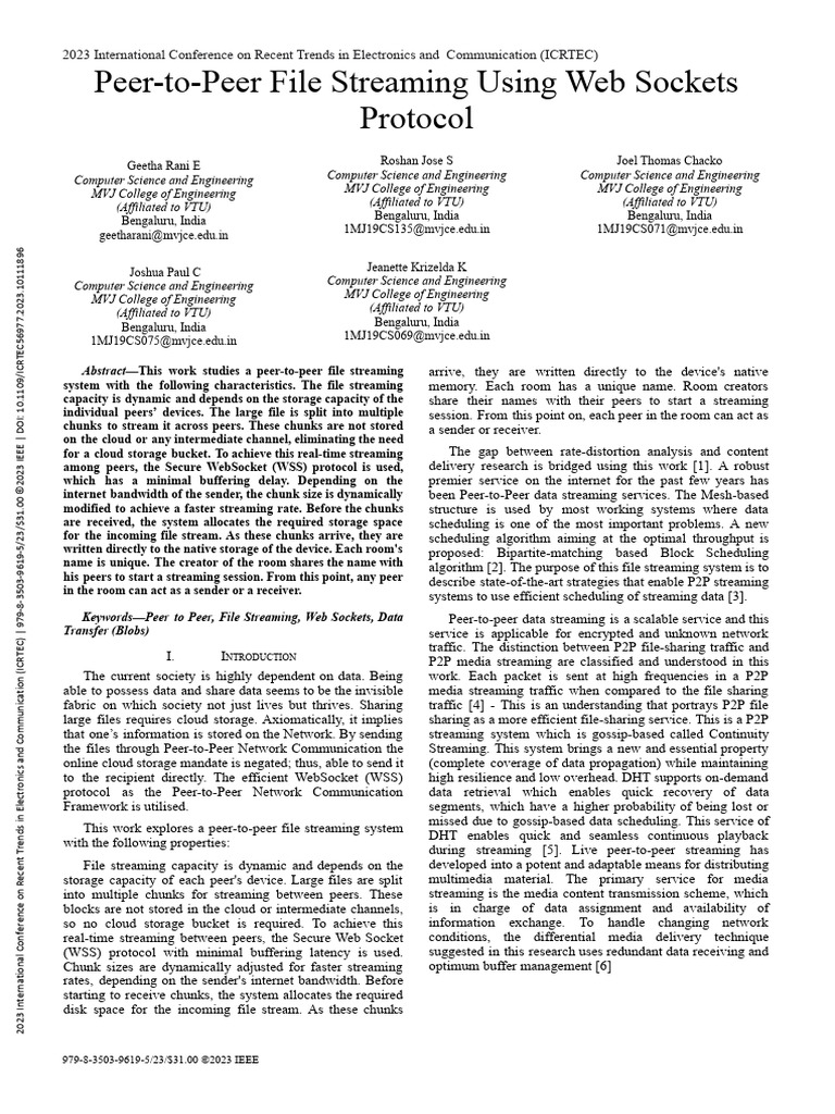 Peer-to-Peer File Streaming Using Web Sockets Protocol1 | PDF | Peer To Peer | Computer Network