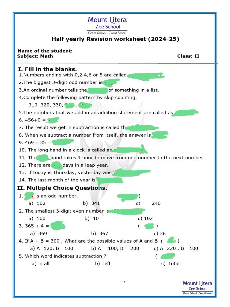 Grade 2 - Math Half Yearly Revision Worksheet With Answer Key | PDF | Numbers