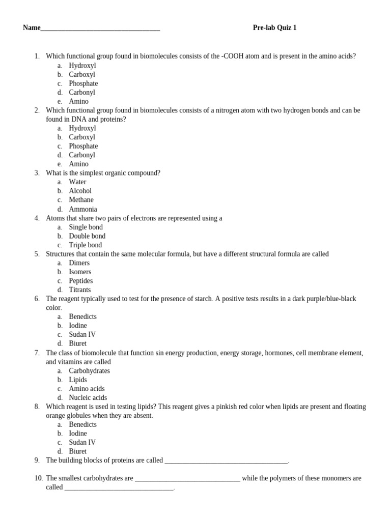 Pre-lab Quiz on Biomolecules | PDF