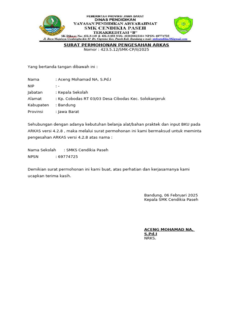 Format Surat Permohonan Pengesahan Arkas | PDF