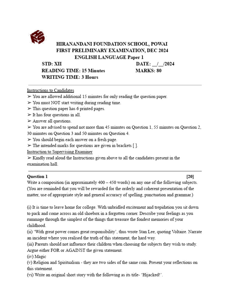 HFS Powai XII English Exam Dec 2024 | PDF